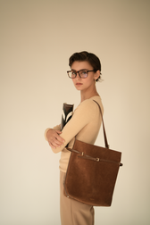 Toffee Suede Belted Tote Bag - Verafied New York